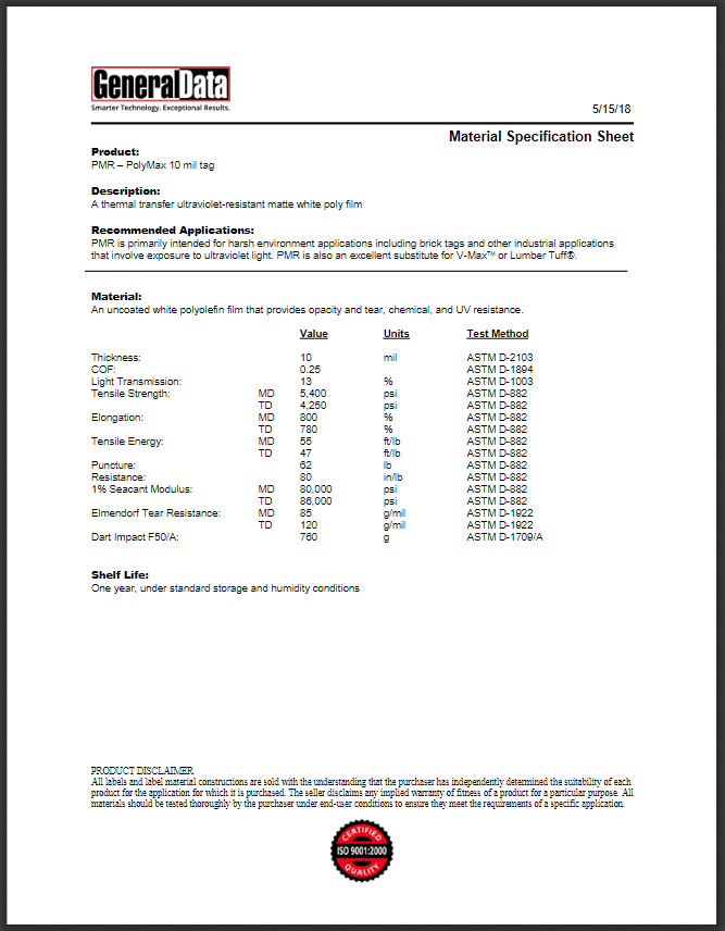 PMR Specification Sheet | General Data