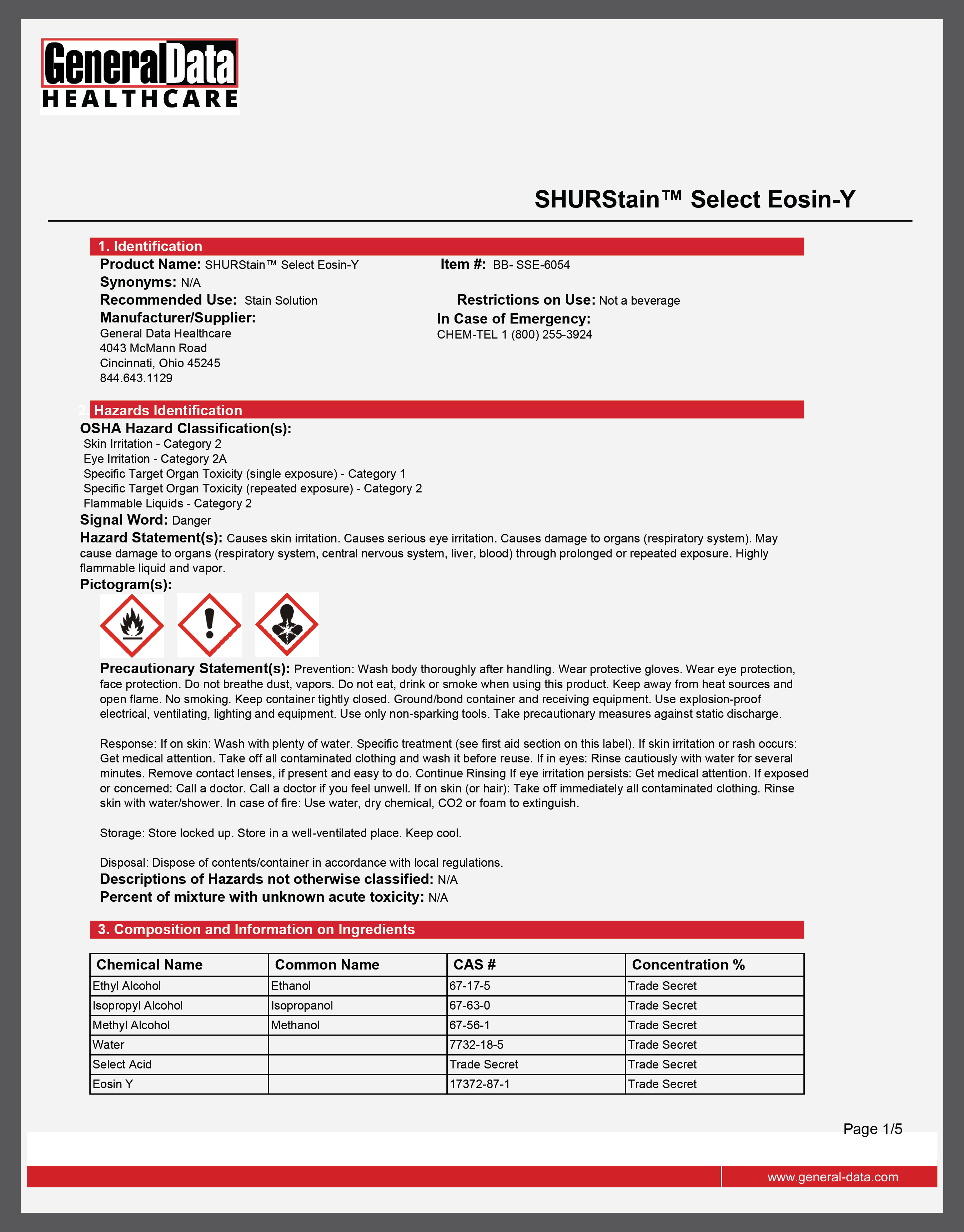 SHURStain Eosin Safety Data Sheet | General Data