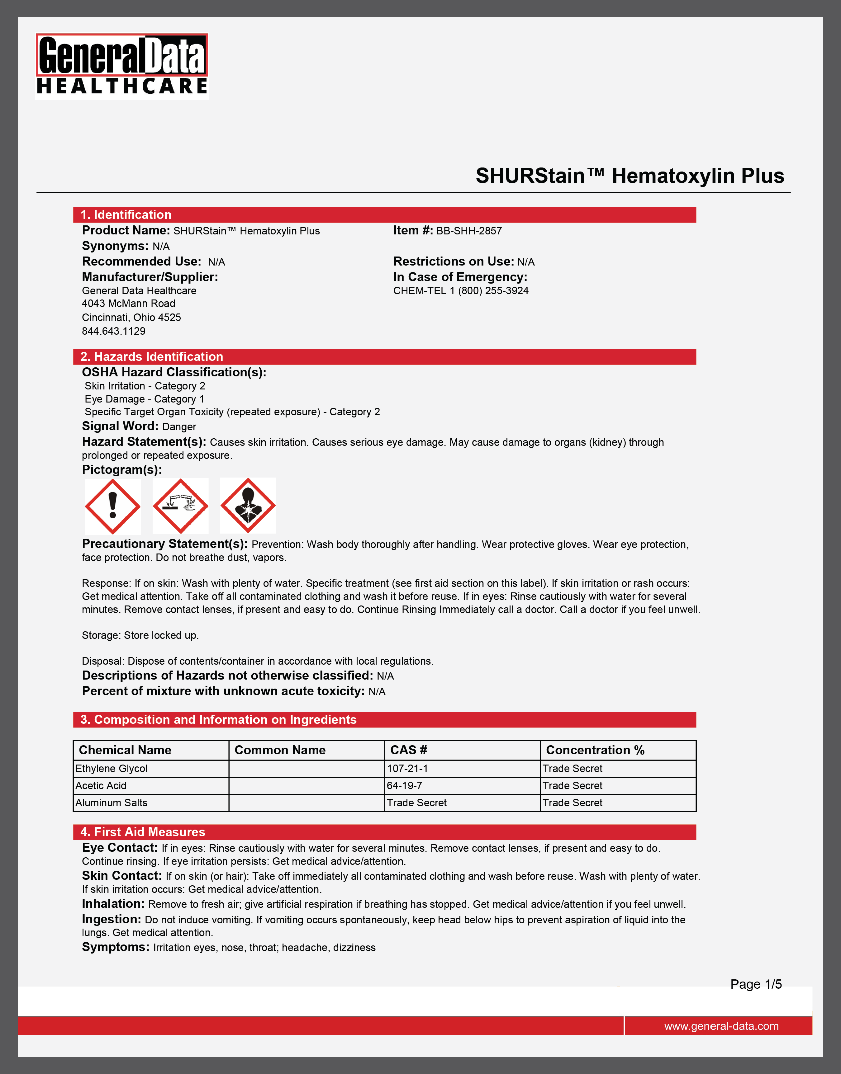 ShurStain Hematoxylin Plus Safety Data Sheet | General Data ShurStain Hematoxylin Plus Safety Data Sheet | General Data