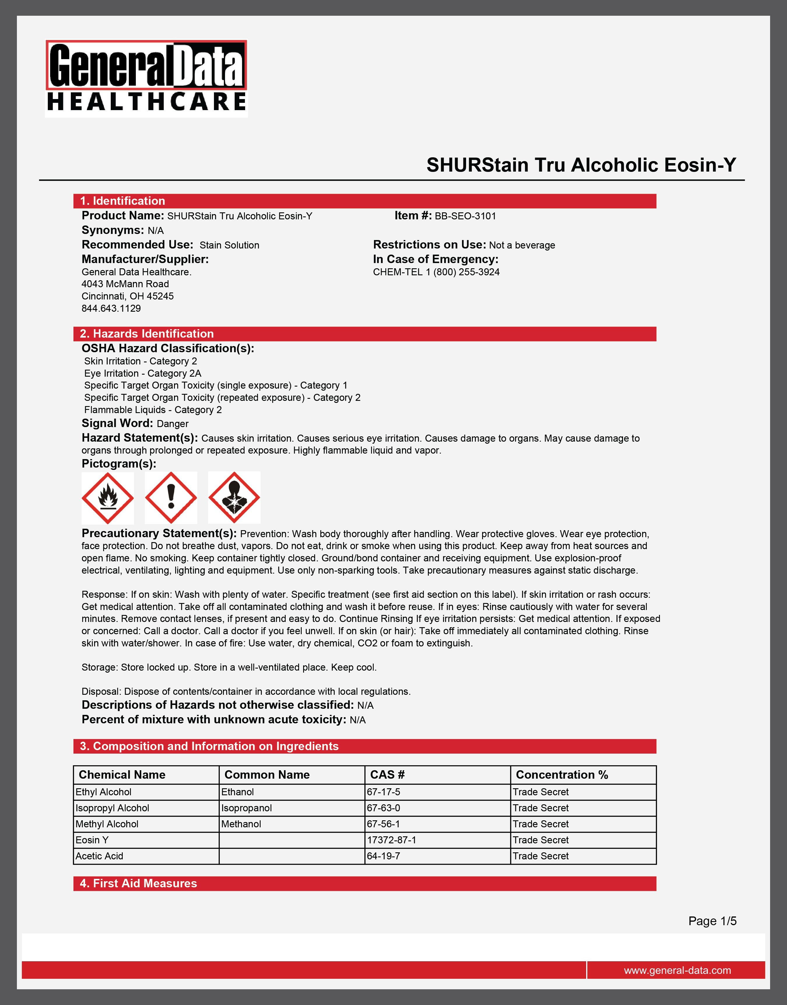 SHURStain Tru Alcoholic Eosin-Y Safety Data Sheet | General Data