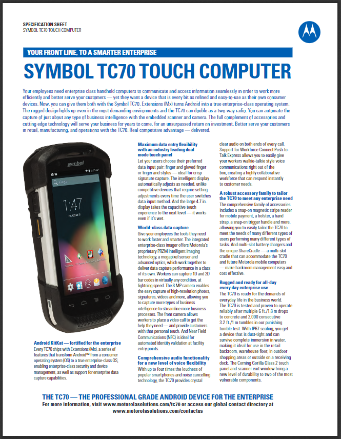 Symbol TC70 Touch Computer Product Brochure | General Data