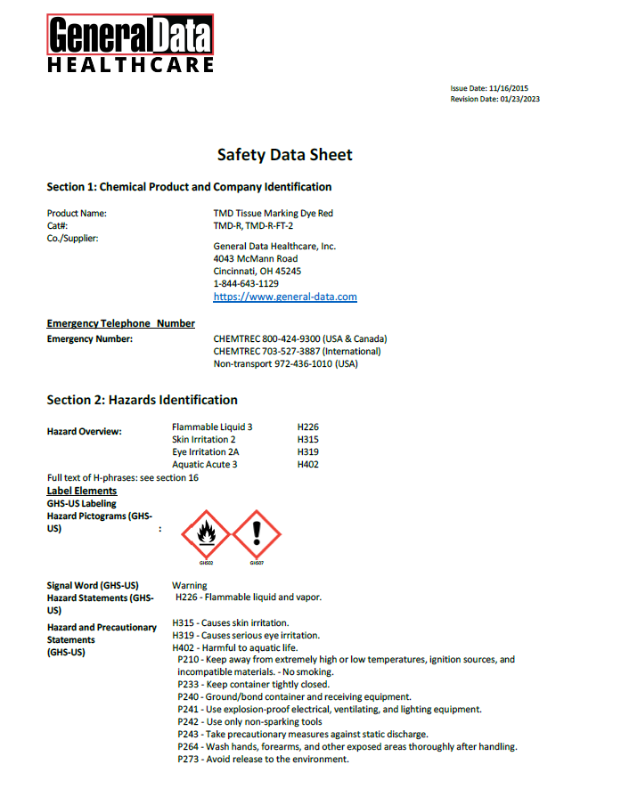 TMD-R Tissue Marking Dye Red, Safety Data Sheet | General Data