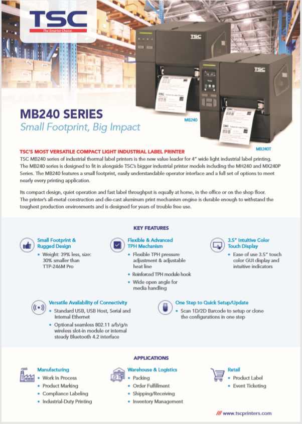 TSC MB240 Product Brochure | General Data