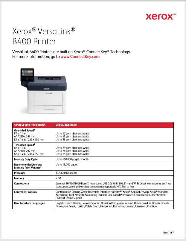 Xerox VersaLink B400 Printer Product Brochure | General Data Company, Inc.