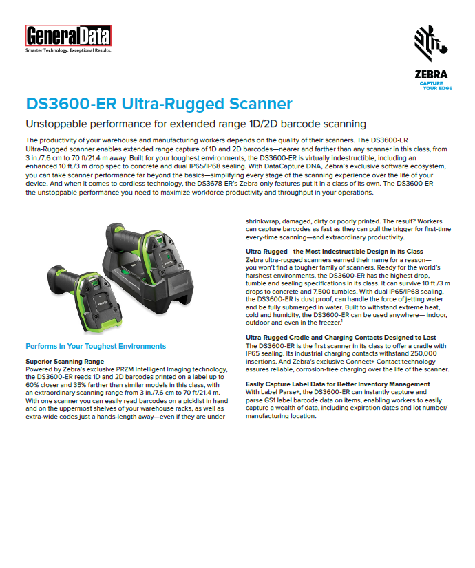 Zebra 3600-ER for Extended Range Product Brochure | General Data
