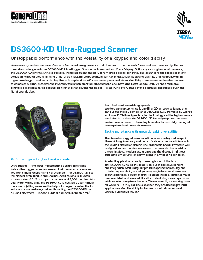 Zebra 3600-KD Keypad & Color Display Product Brochure | General Data