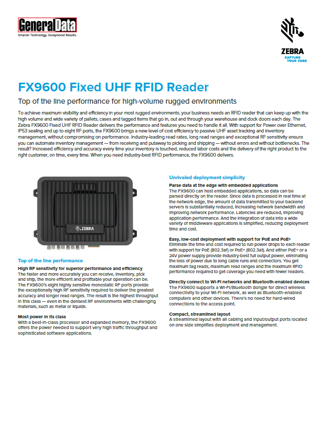 Zebra FX9600 Fixed UHF RFID Reader Product Brochure | General Data ...