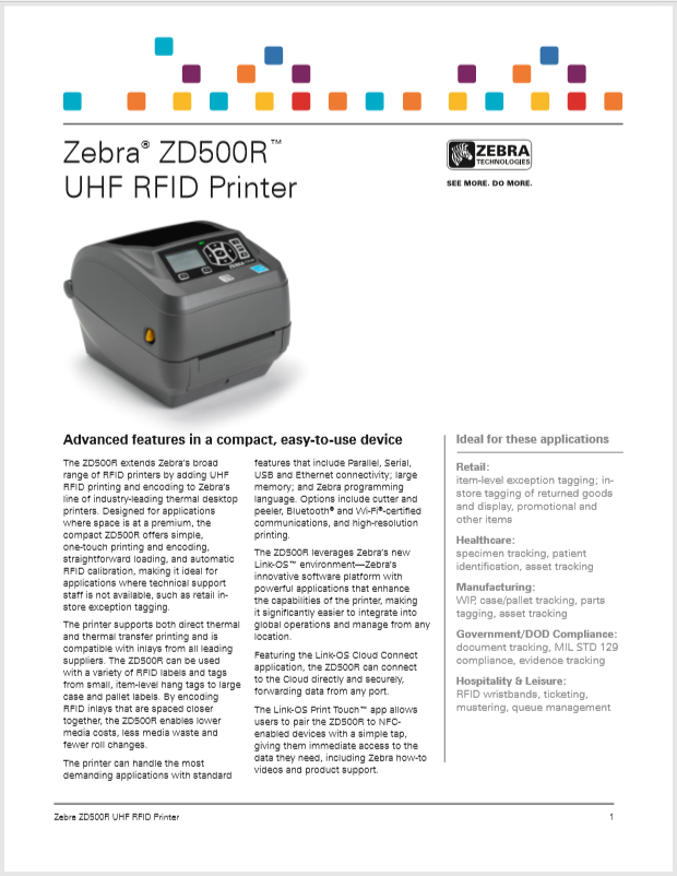 Zebra ZD500r Product Brochure | General Data
