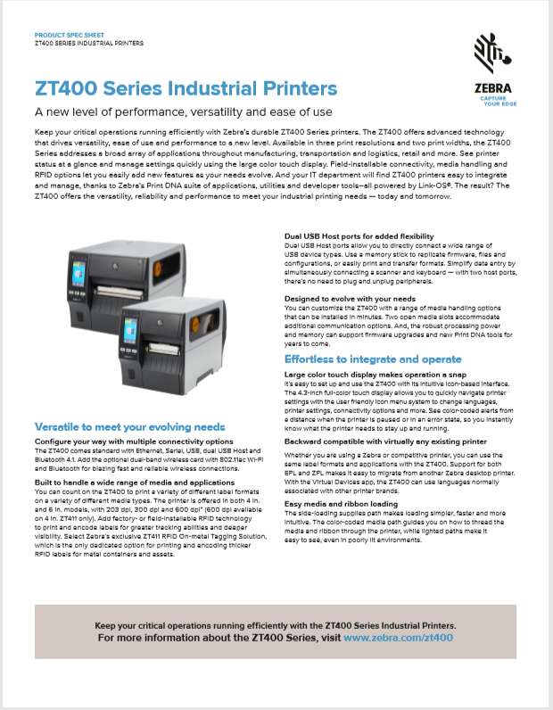 Zebra ZT400 Product Brochure | General Data