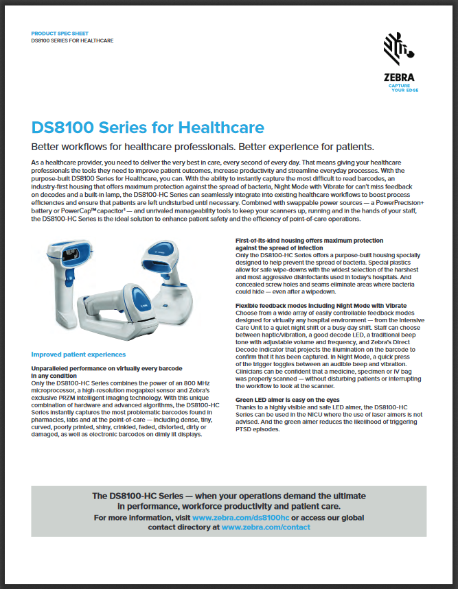 Zebra DS8100-HC Healthcare Barcode Scanner Product Brochure | General ...