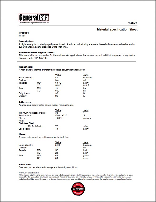 M-881 Specification Sheet | General Data