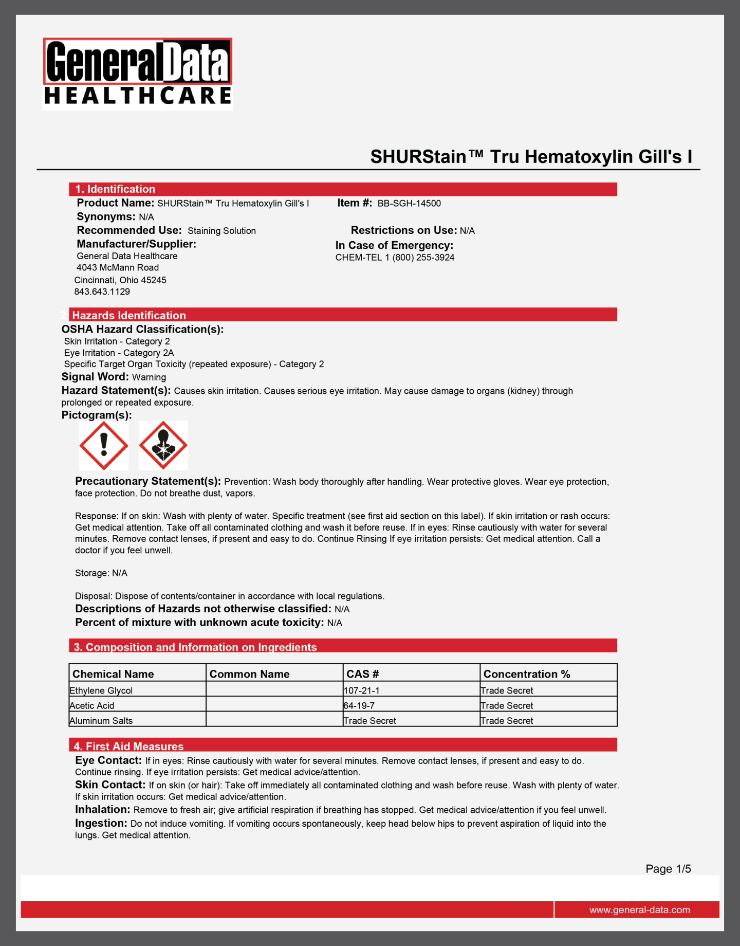 SHURStain Tru Hematoxylin Gill's I Safety Data Sheet | General Data